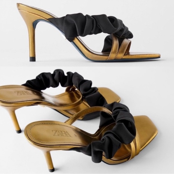 Zara | Shoes | Zara Blue Collection Ruffled Strap Gold Heels | Poshmark